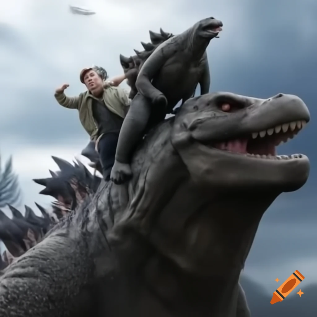Surreal scene of President Putin riding Godzilla in battle, addressing ...