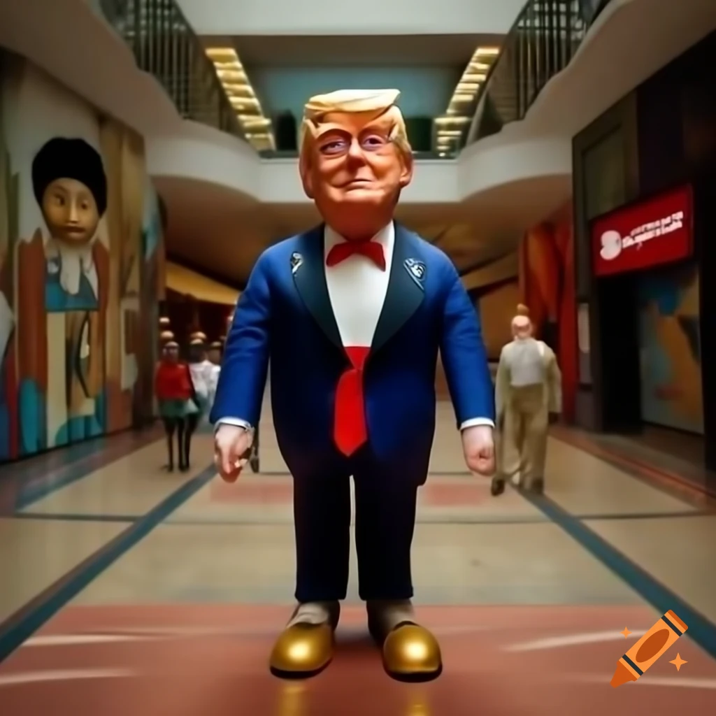 Satirical depiction of a character resembling Donald Trump in a mall ...