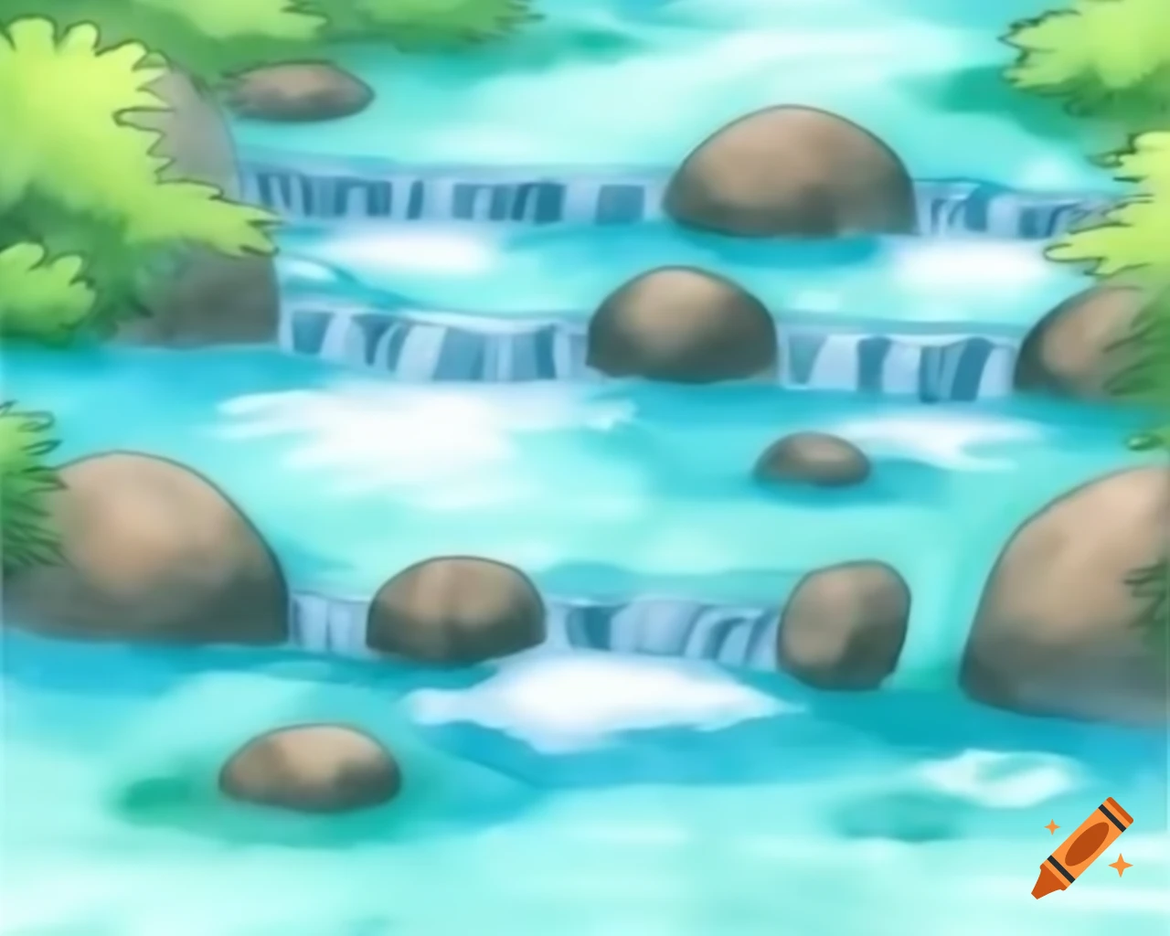 Bubbling brook over pebbles in aqua blue and green watercolor cartoon ...