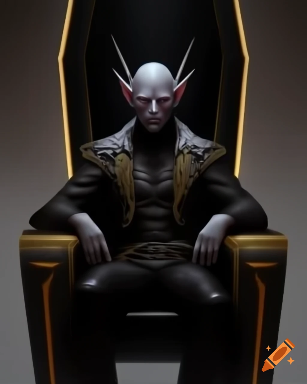 Sci-fi fantasy emperor with grey skin and pointed ears on black-gold ...