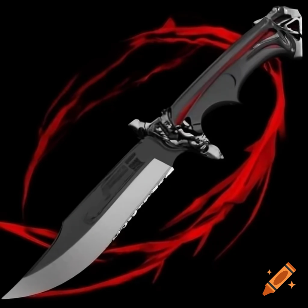 Fantasy styled folding knife with serrated edge and black handle with ...