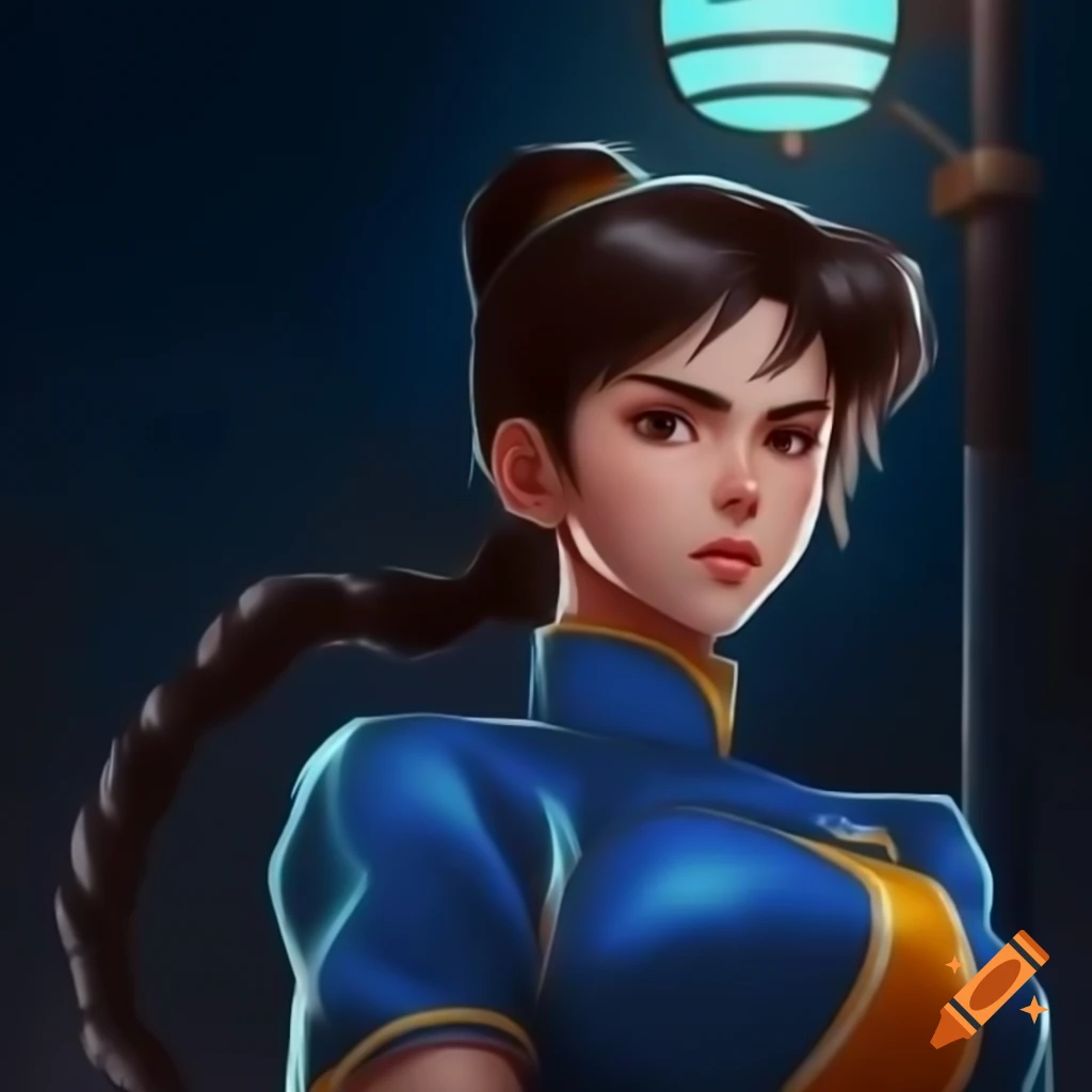 Anime-style Chun-li from Street Fighter in front of floodlight on Craiyon