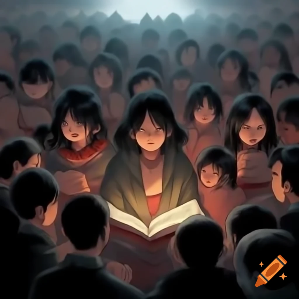 Manga depicting a crowd reading in a large abyss on Craiyon