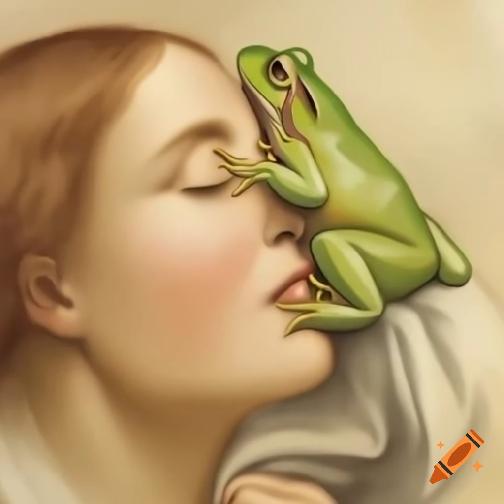 Vintage oil painting of a frog and woman sharing a kiss, in unique ...