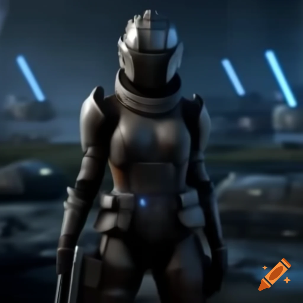 Slender warrior in armor with laser rifle on futuristic battlefield on ...