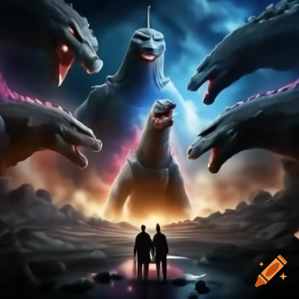 Surreal scene of world leaders on Godzilla's head in a cosmic battle on ...