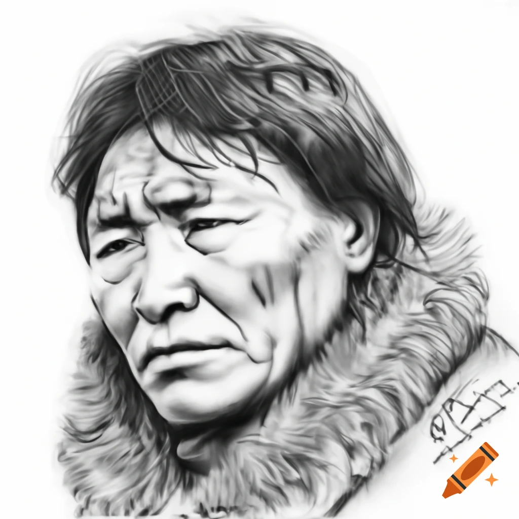 Highly detailed black and white ink drawing of a sad Inuit man in ...