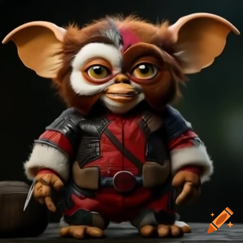 Deadpool as gizmo the gremlin with red mask and black eyes on Craiyon