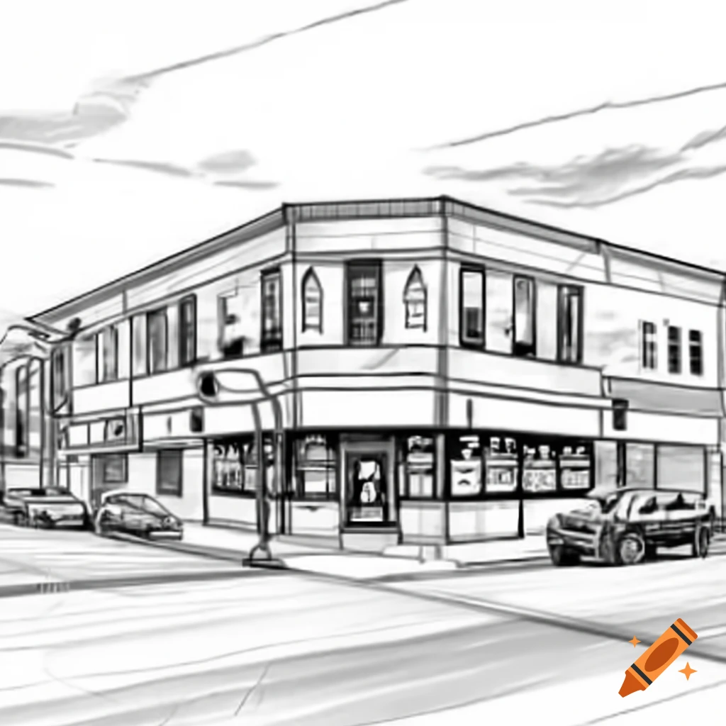 Black and white sketch of "canvas corner" art supply store on street ...