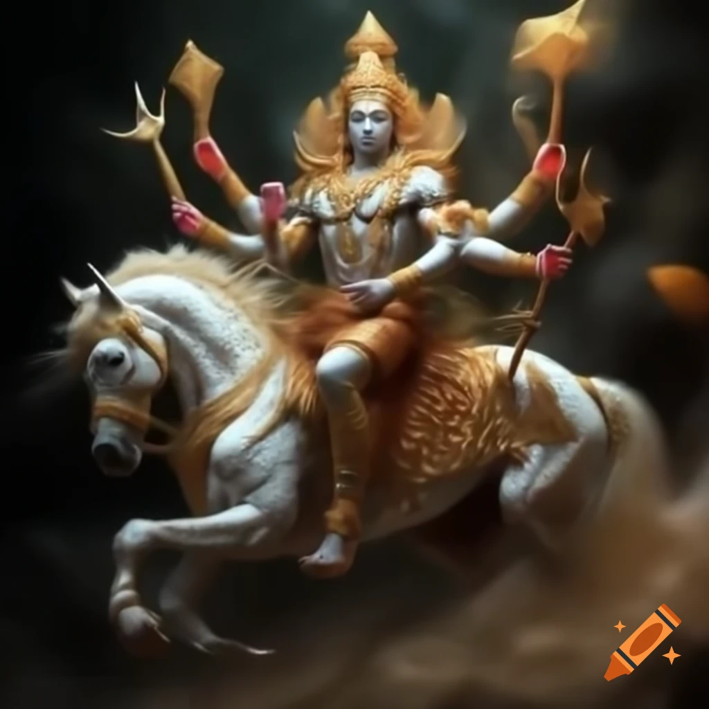 God kalki riding white horse, depicted in divine gold and glowing ...