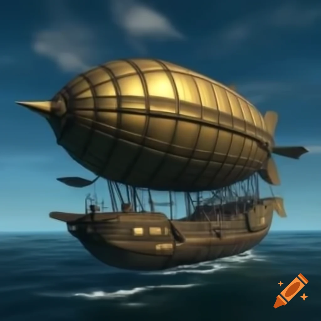 Steampunk airship with golden balloon and sharp propellers on the ocean ...