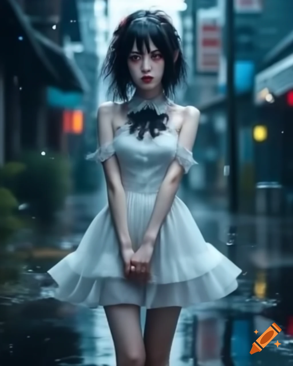 Gothic anime woman in white dress standing in the rain on Craiyon