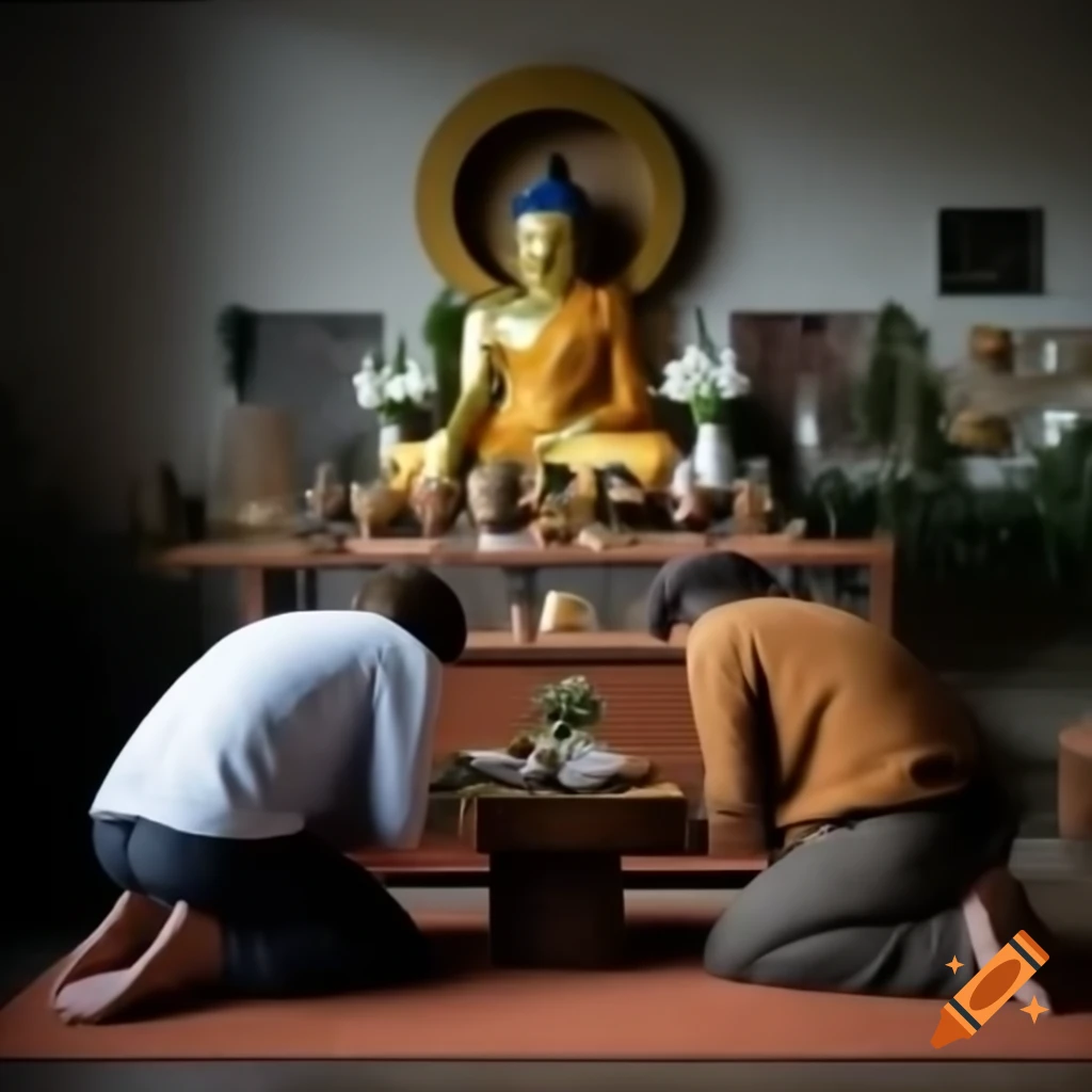 Two people kneeling at a Buddha altar in a home setting on Craiyon