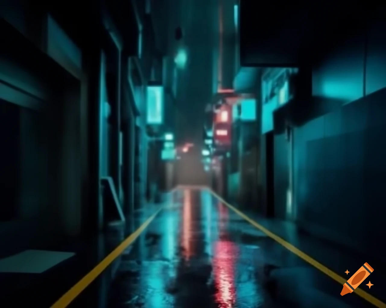 Cyberpunk alleyway with neon lights reflecting off wet surfaces on Craiyon