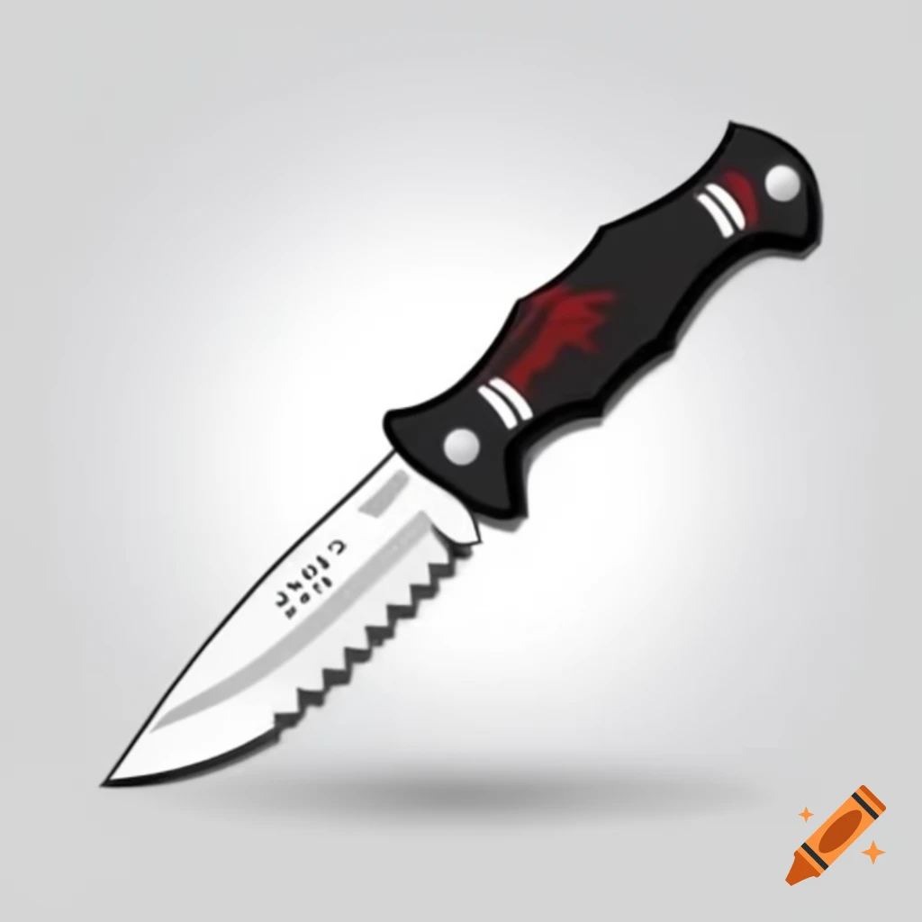 Folding knife with serrated blade, black handle, and red details on Craiyon