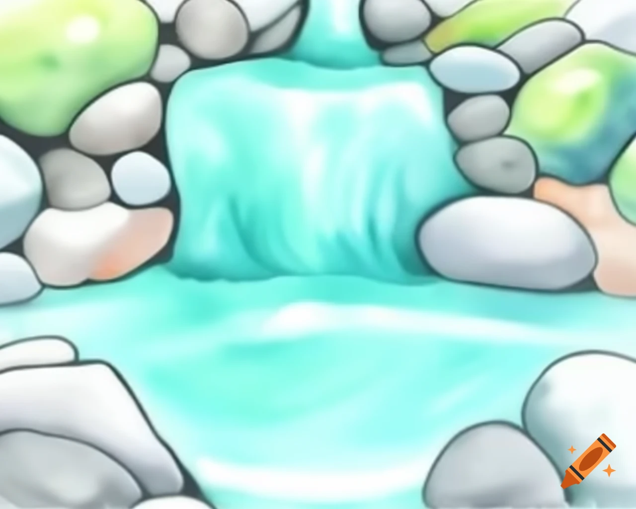 Bubbling brook with pebbles in aqua blue and green watercolor cartoon ...