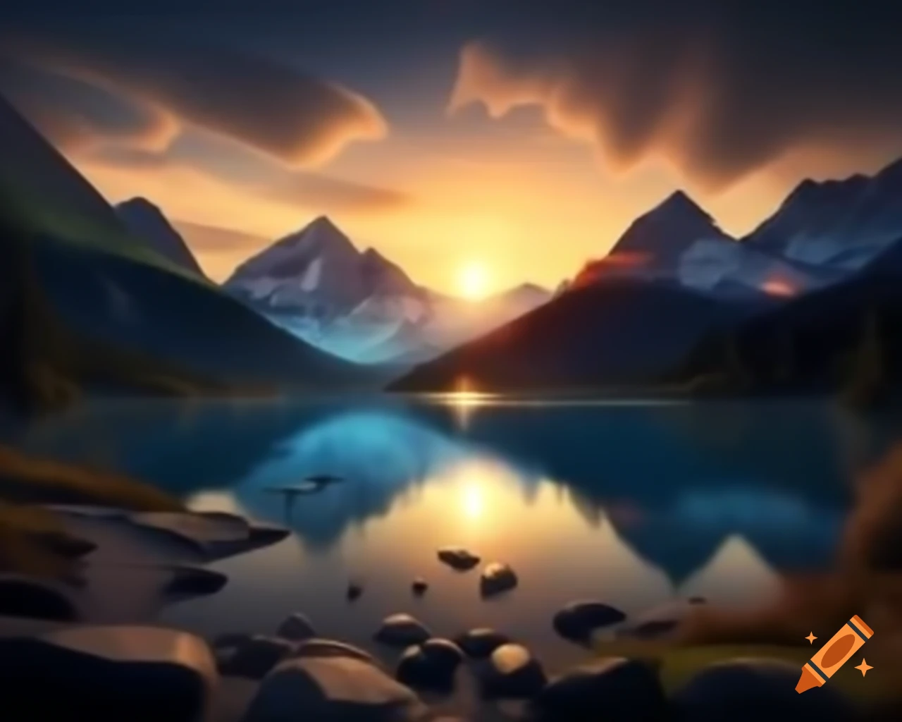 Photorealistic 3d render of mountain lake at sunset with sun rays and ...
