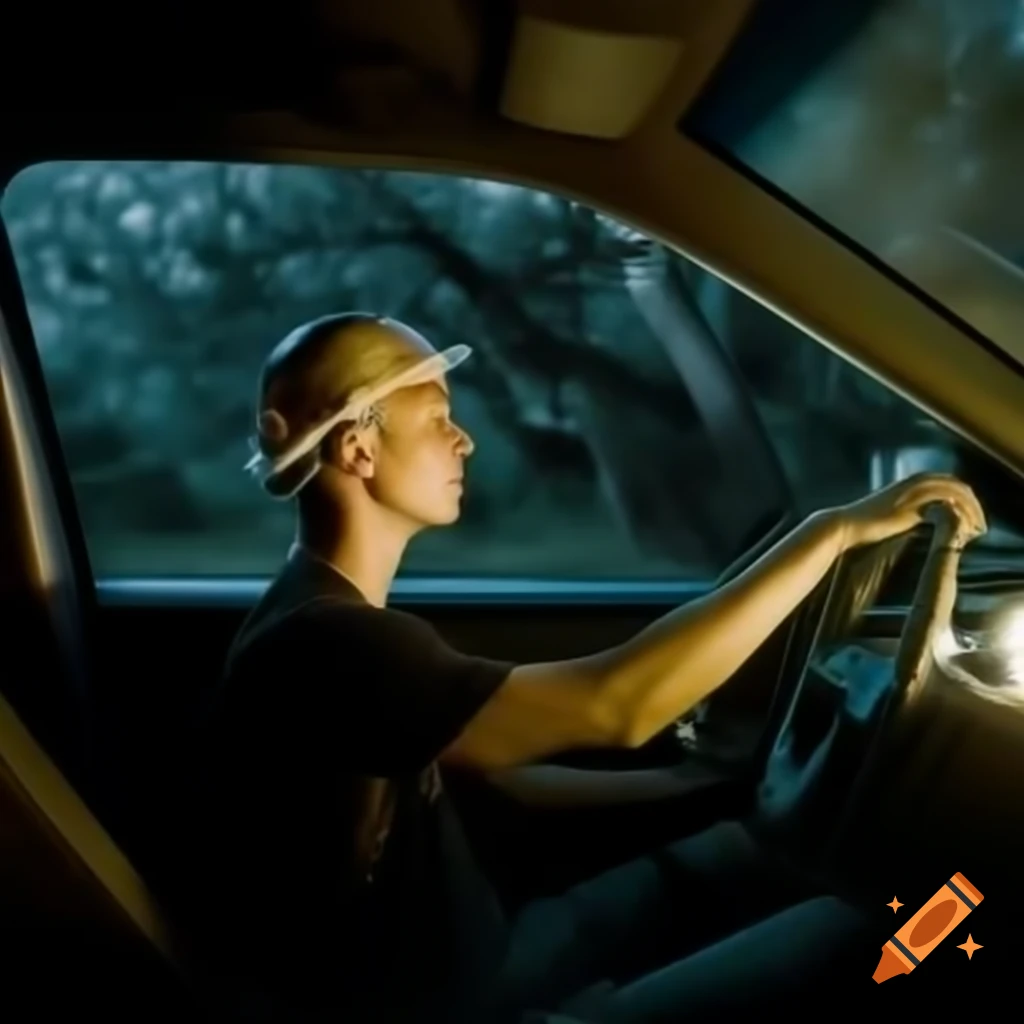 Engineer in high-performance car driving through woods at night with ...