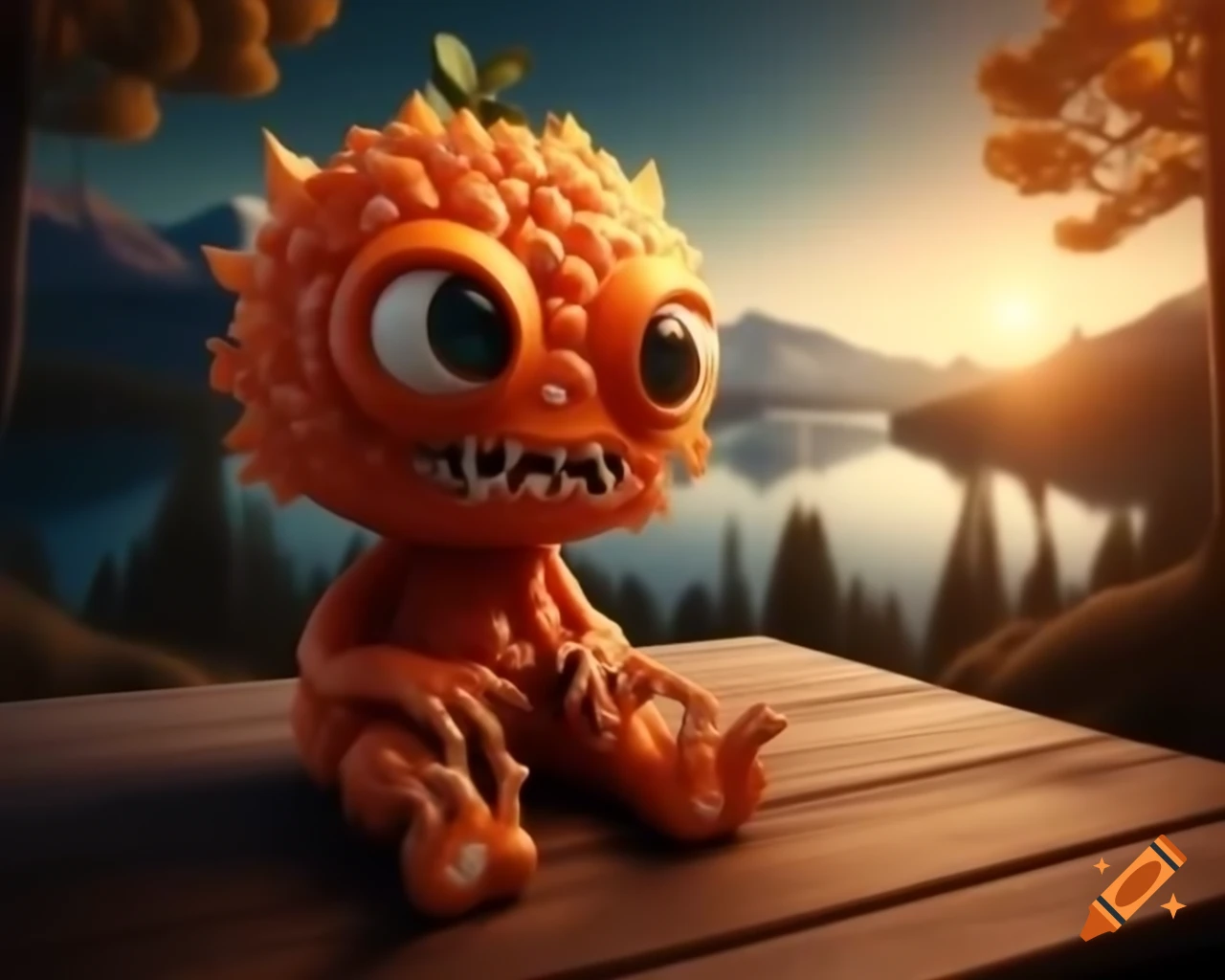 3D orange tree monster with human face on wooden table in forest on Craiyon