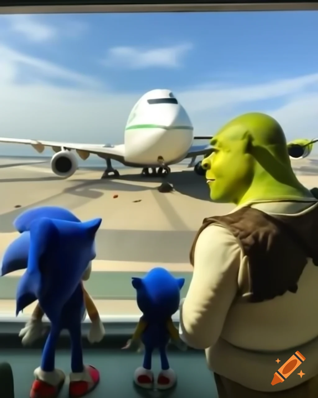 Shrek and Sonic admiring a Boeing 767 airplane on Craiyon
