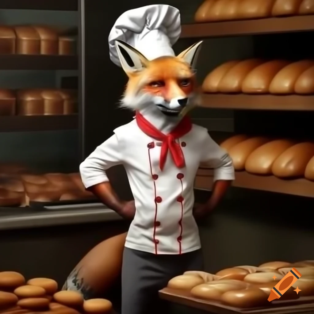 Anthropomorphic fox in chef hat standing in front of bakery on Craiyon