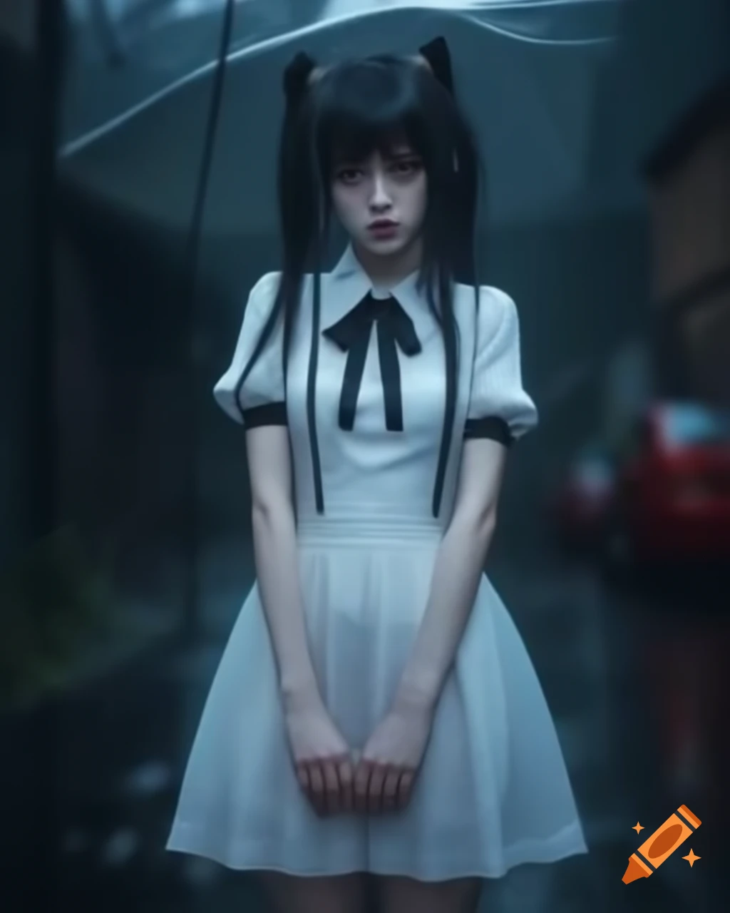 Goth anime woman in white dress standing in the rain, realistic style ...