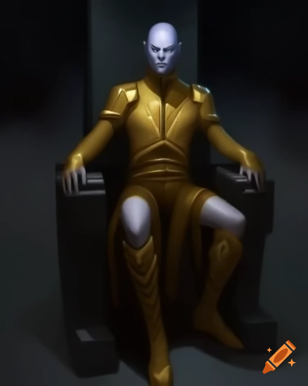 Sci-fi fantasy emperor with grey skin and pointed ears seated on black ...