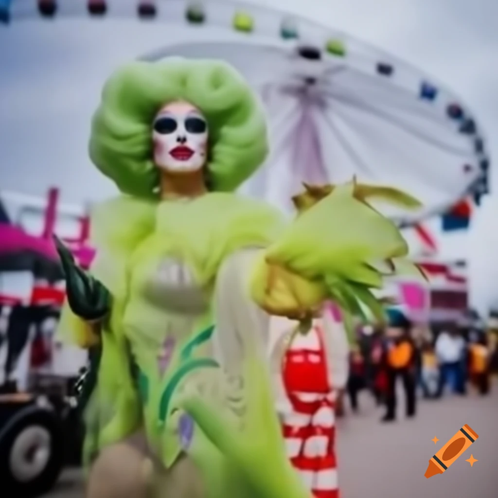 Drag queen Tilly Da' Whirl in vibrant carnival attire on Craiyon