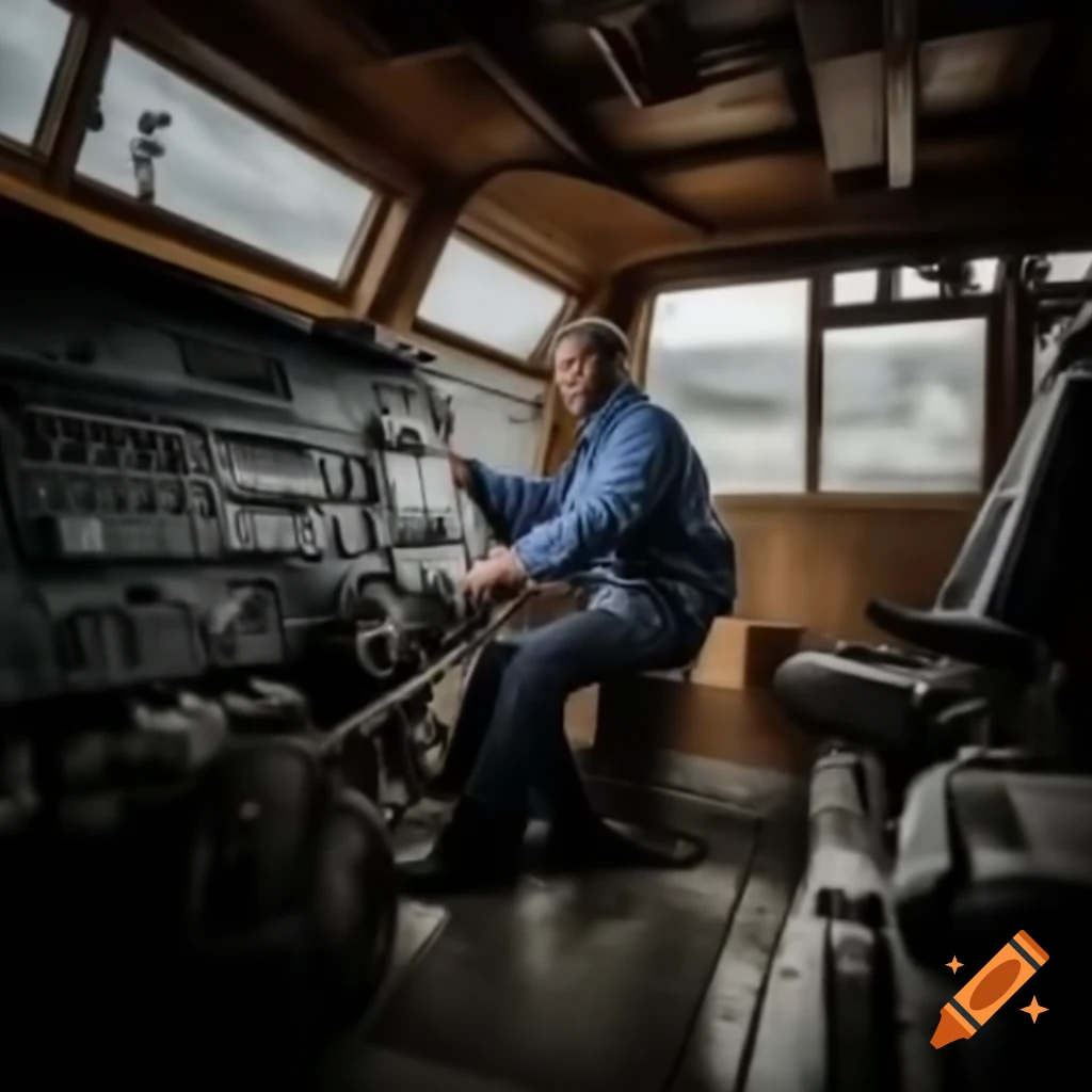 Boat engine room with engineer at work on Craiyon