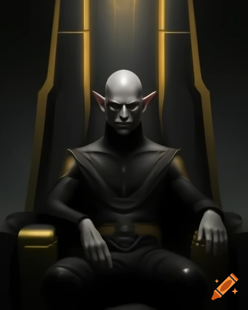 Sci-fi fantasy emperor with grey skin and pointed ears on black-gold ...