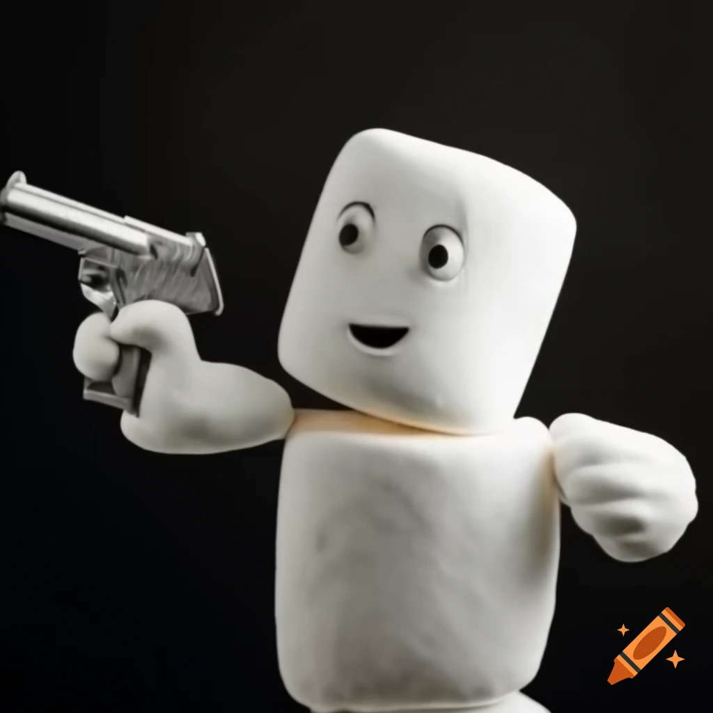 Marshmallow character holding a gun in a comical scene on Craiyon