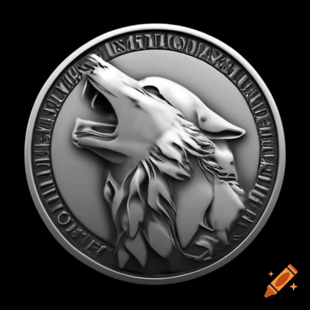Silver medallion featuring howling wolf profile on Craiyon