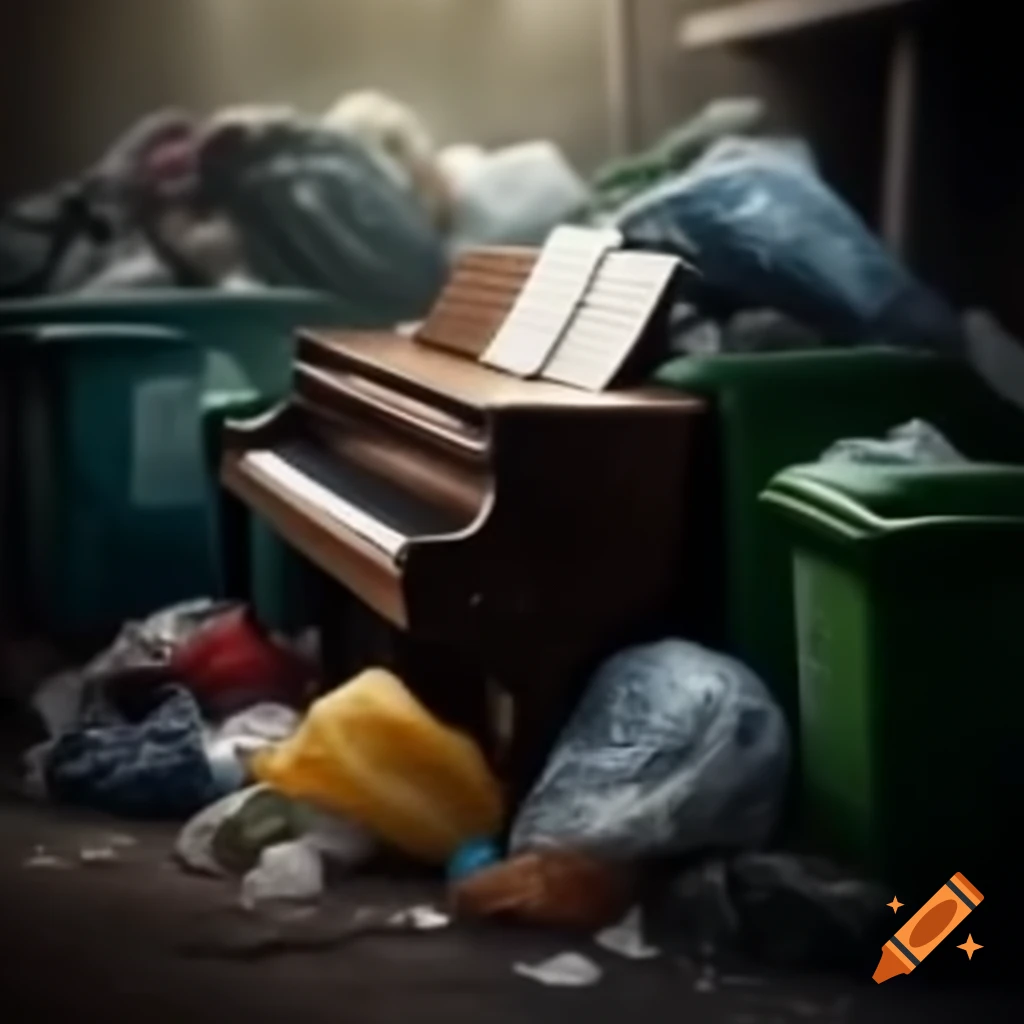 Piano placed inside a garbage dumpster on Craiyon