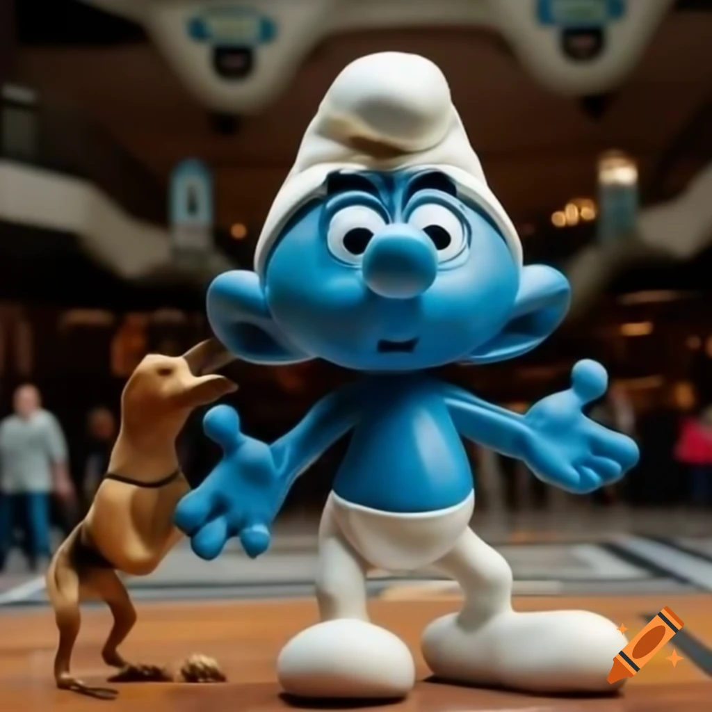 Cartoon crossover of Papa Smurf, a Minion with purple hair holding a ...