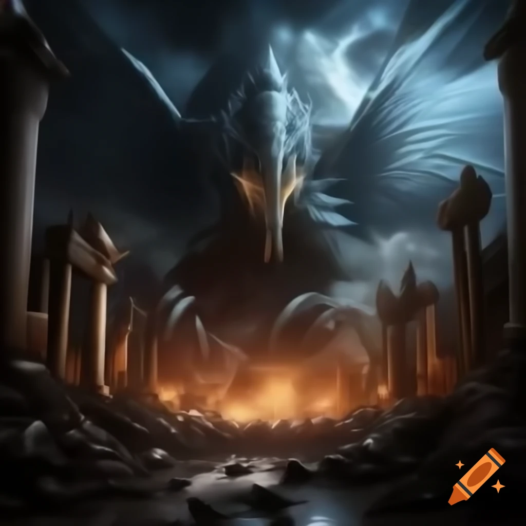 Dream War aftermath with ruins, smoke, and mythological creatures on ...