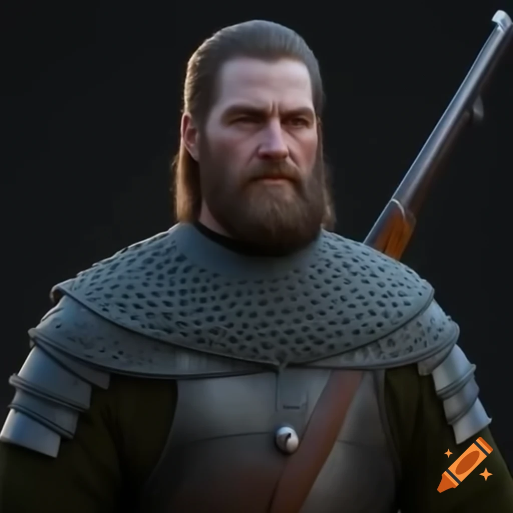 Historical musketman wearing chainmail armor on Craiyon