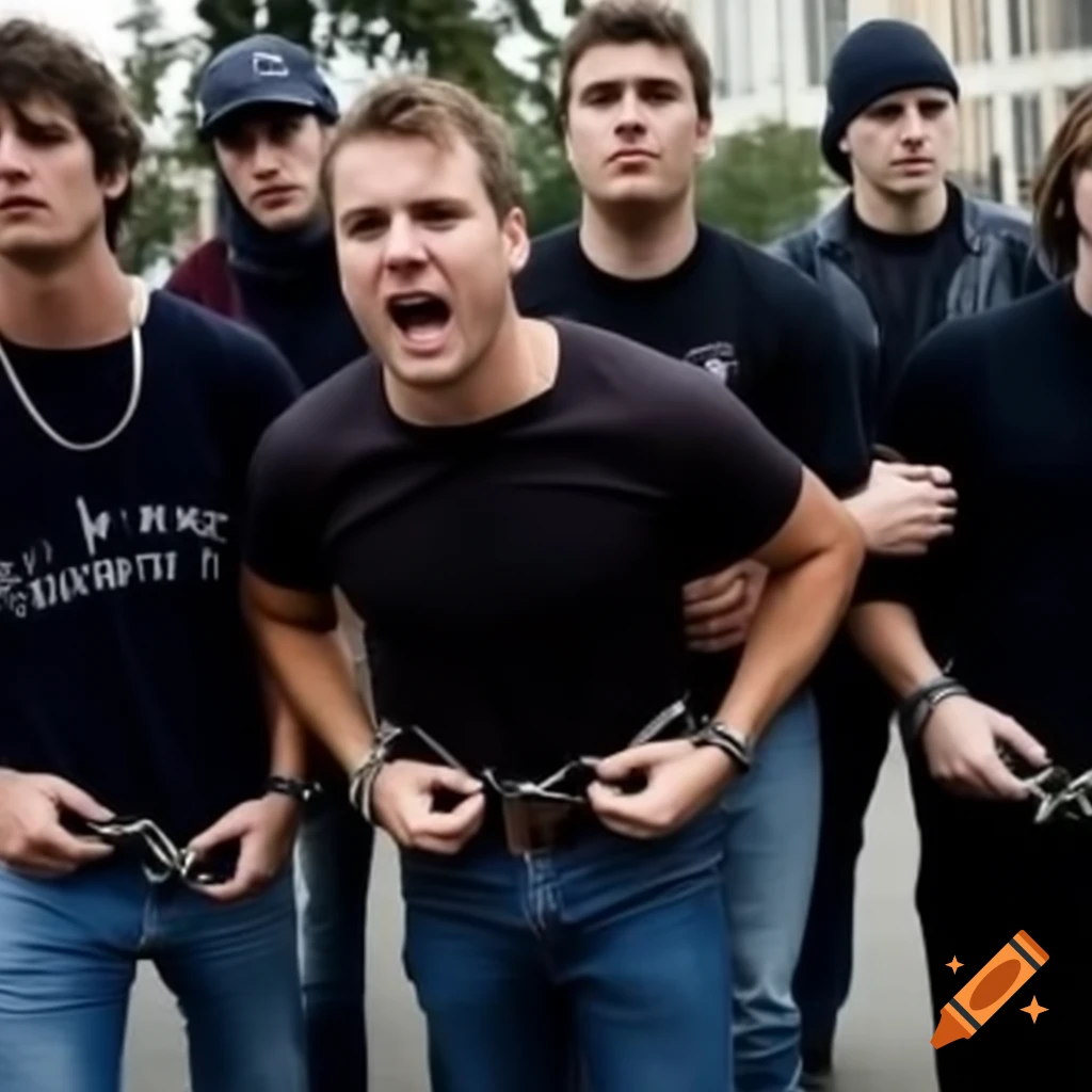 Male college students in handcuffs being arrested on campus on Craiyon