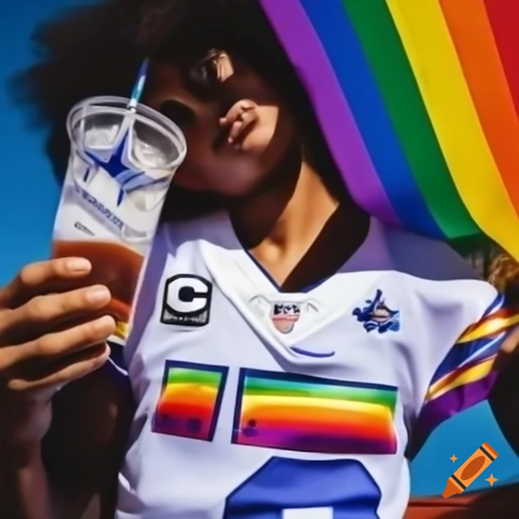 Person in rainbow cowboy jersey with shakeweight on Craiyon