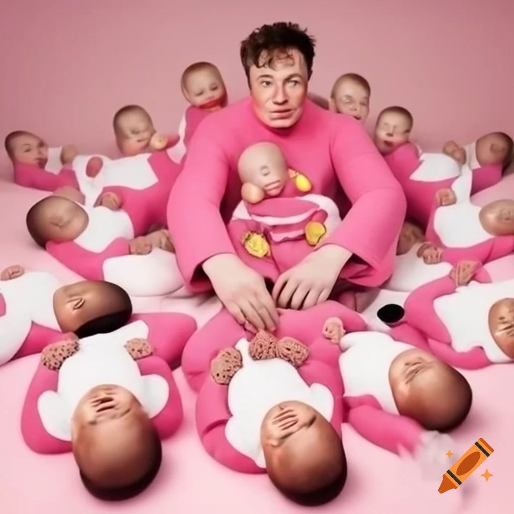 Elon Musk in pink onesie surrounded by twelve babies, photorealistic ...
