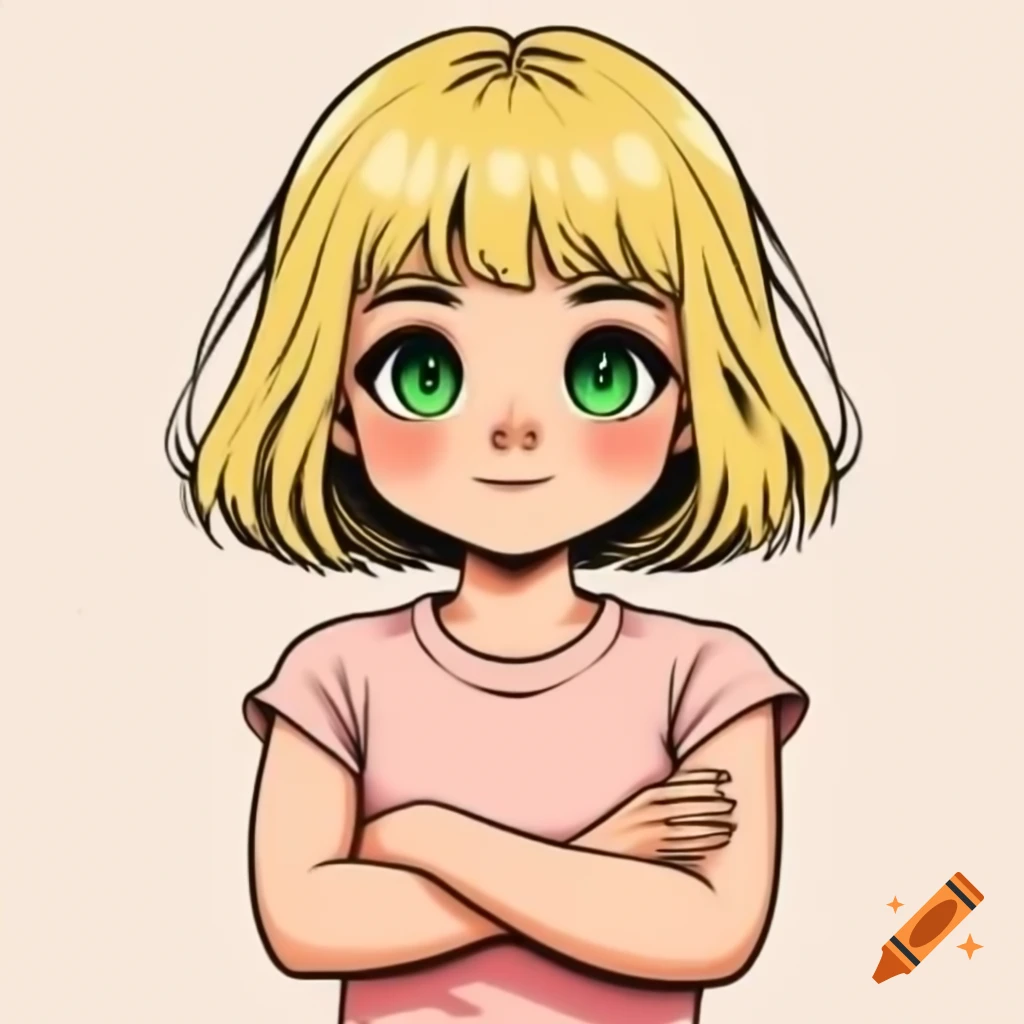 Anime Style Girl With Blonde Hair And Dark Green Eyes In Pink