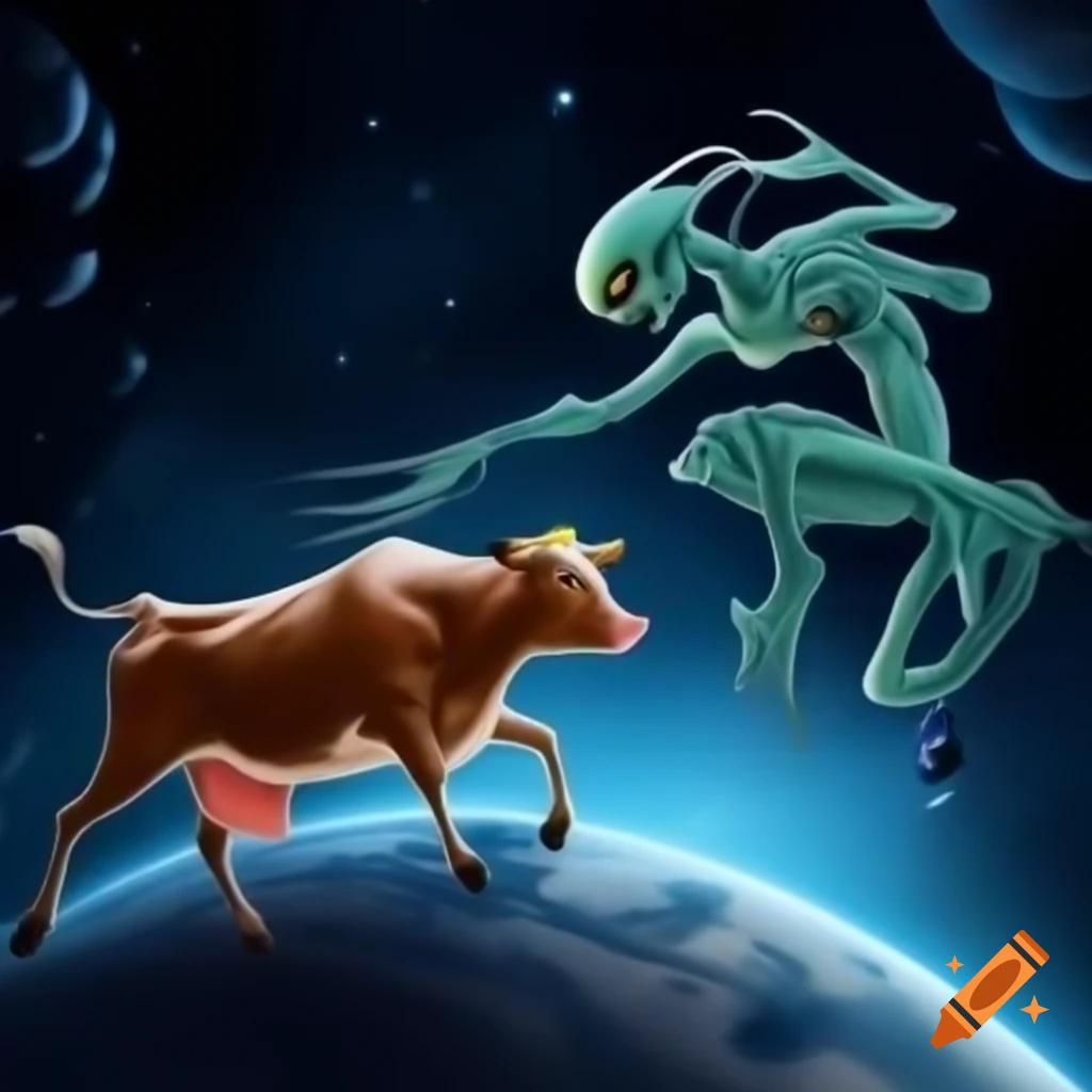 Cow battling alien in outer space on Craiyon