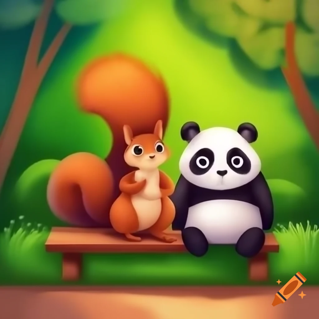 Squirrel and turtle meeting in a sunny green forest on Craiyon