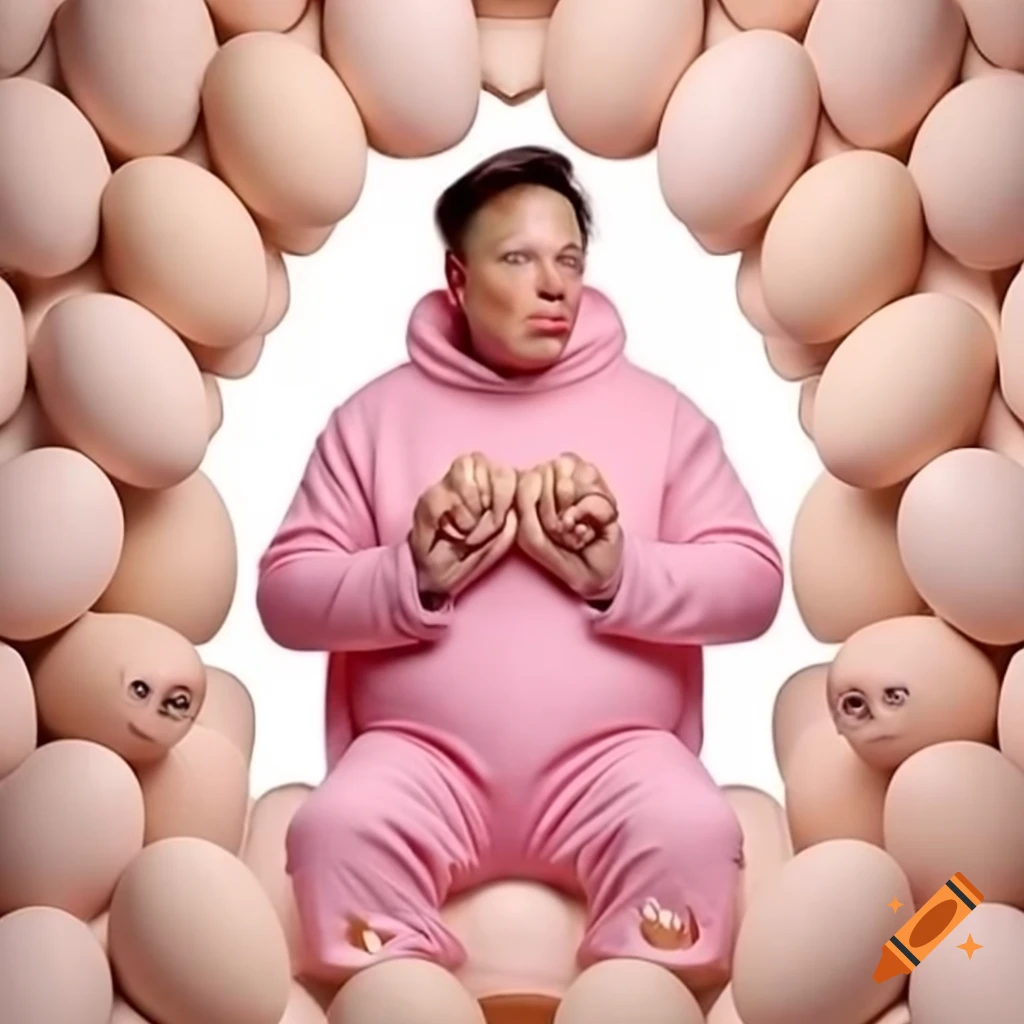 Elon Musk in pink onesie surrounded by babies in an egg carton ...