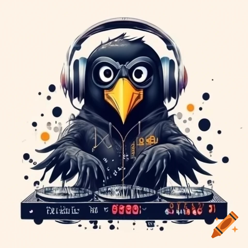Crow as DJ wearing headphones, black and white vector art on Craiyon