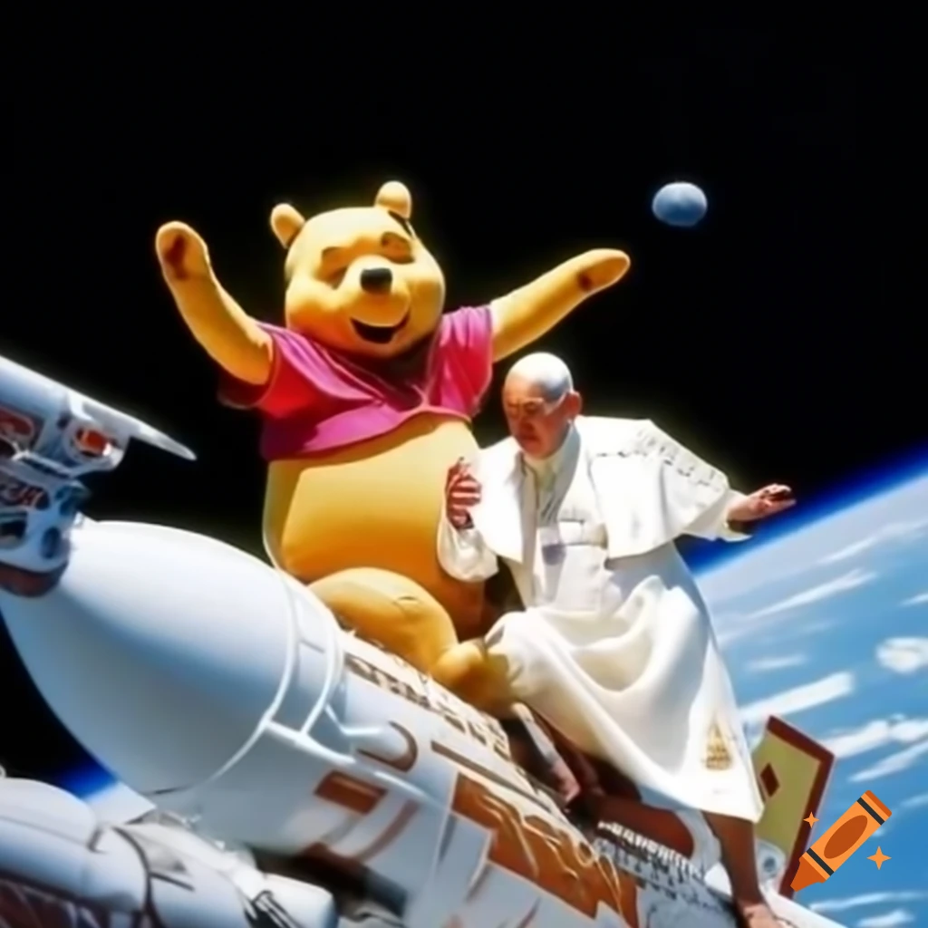 Winnie the Pooh and the Pope traveling in a rocket through space on Craiyon