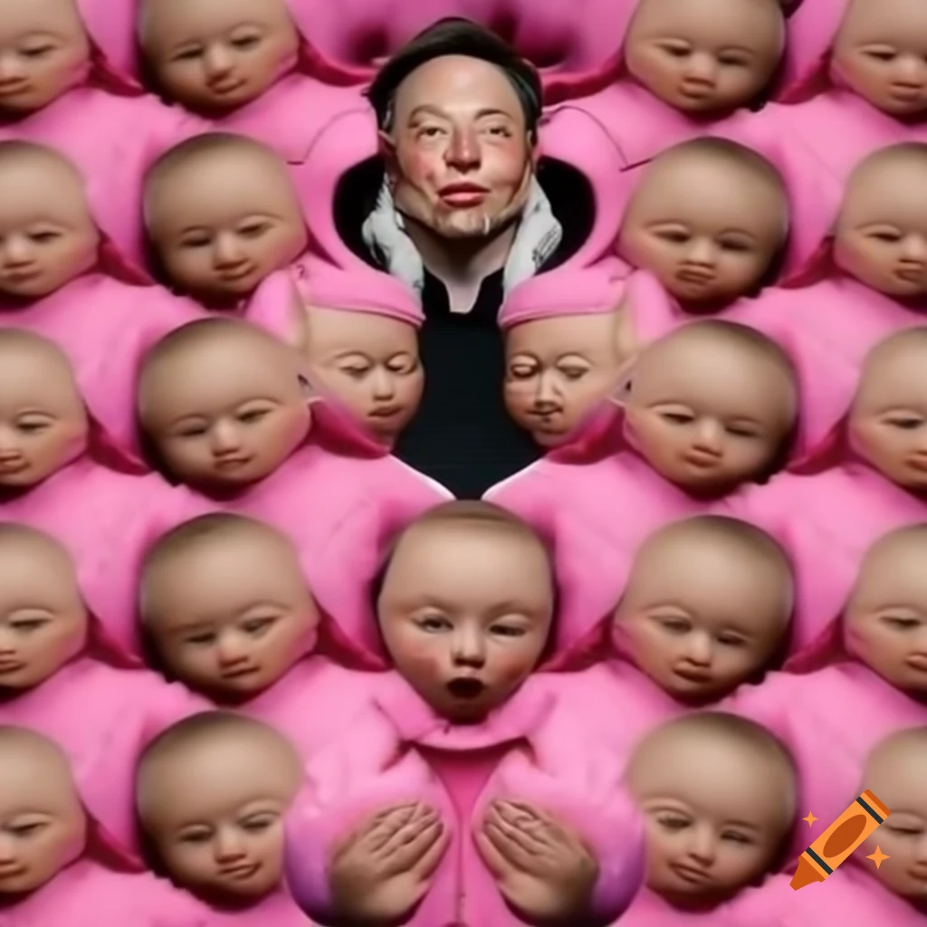 Photorealistic portrait of a man in a pink onesie surrounded by babies ...