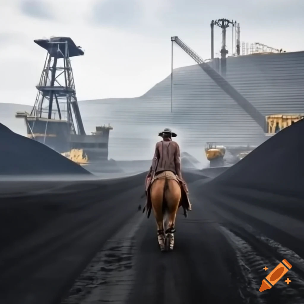 Cowboy riding horse in lignite mining landscape with excavators on Craiyon