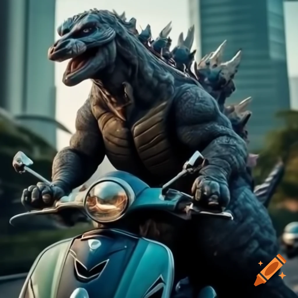 Godzilla riding a scooter in Thailand on Craiyon