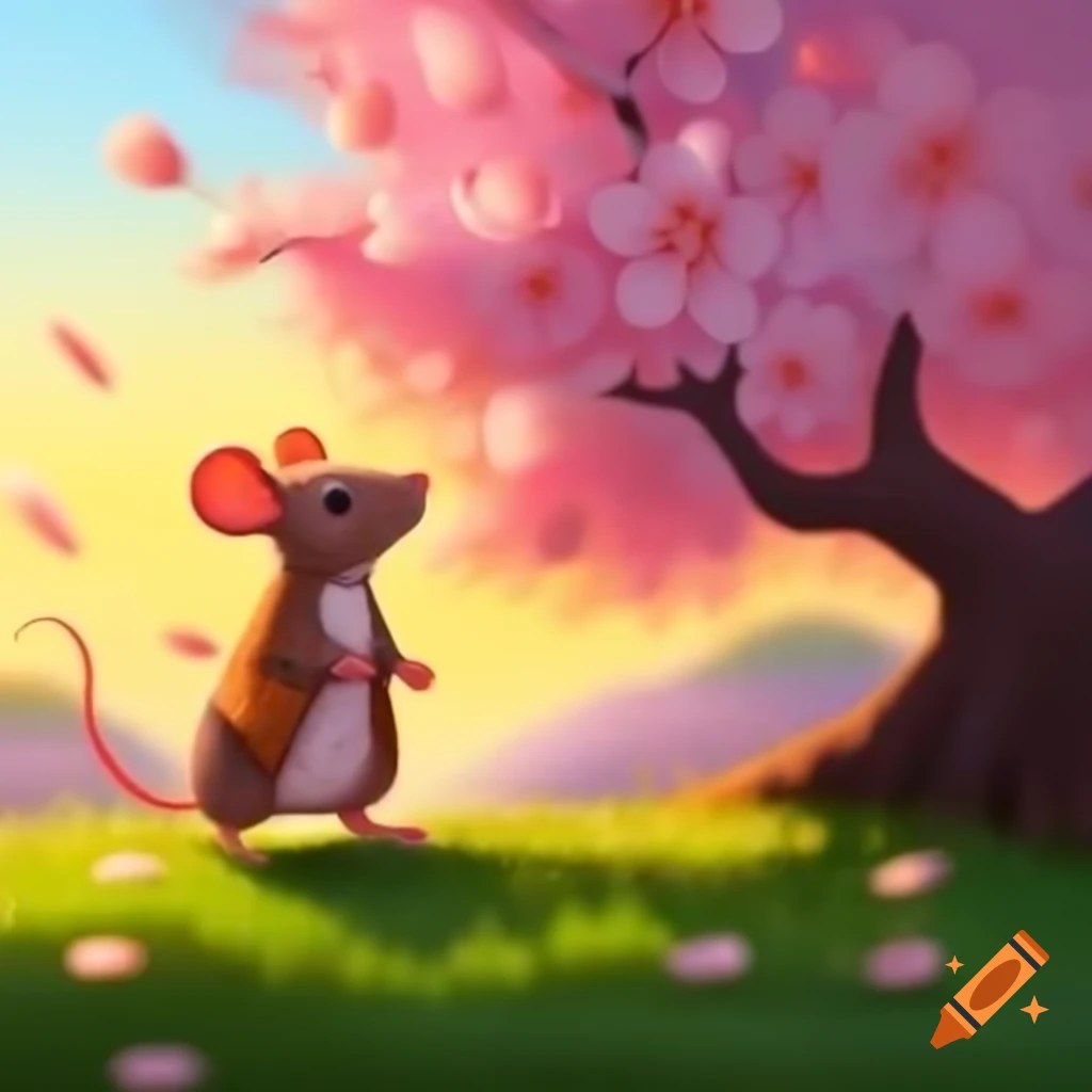 Beautiful mouse walking under sakura tree at sunset on Craiyon