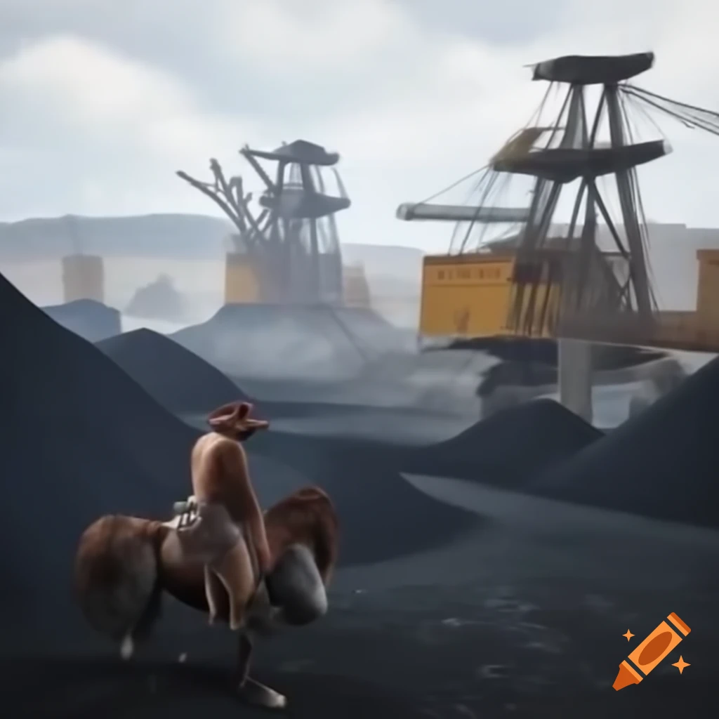 Cowboy riding horse in lignite mining landscape with excavators on Craiyon